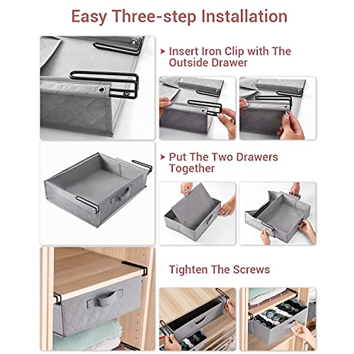 BRUINAGORA Closet Organizers and Storage, Closet Pullout Drawer, Under Shelf Storage Organizer, Adjustable Clips for Underwear, Bra, Lingerie, Panties, Undies, Grey/2 Pack