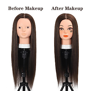 Opini 26 Inch Mannequin Head 80% Real Human Hair Styling Hair Mannequin Head Human Hair to Practice Hair and Makeup Hairdresser Head With Free Clamp (#4 No Makeup)