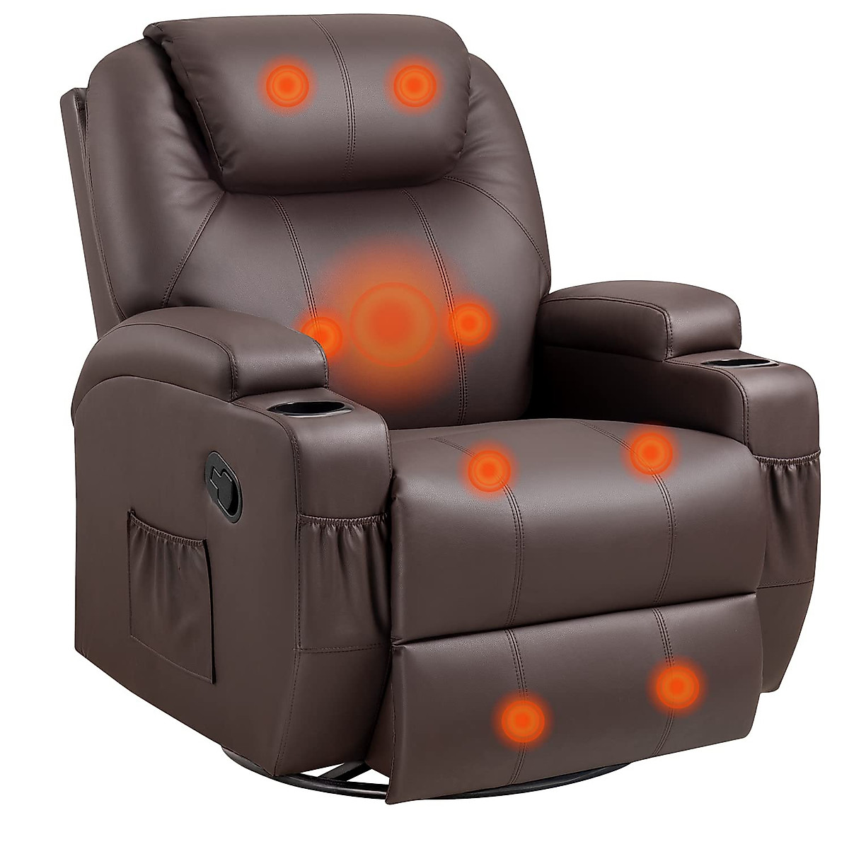 YESHOMY Swivel Rocker Recliner with Massage and Heating Functions, Sofa Chair with Remote Control and Two Cup Holders, Suitable for Living Room, PU Leather Brown
