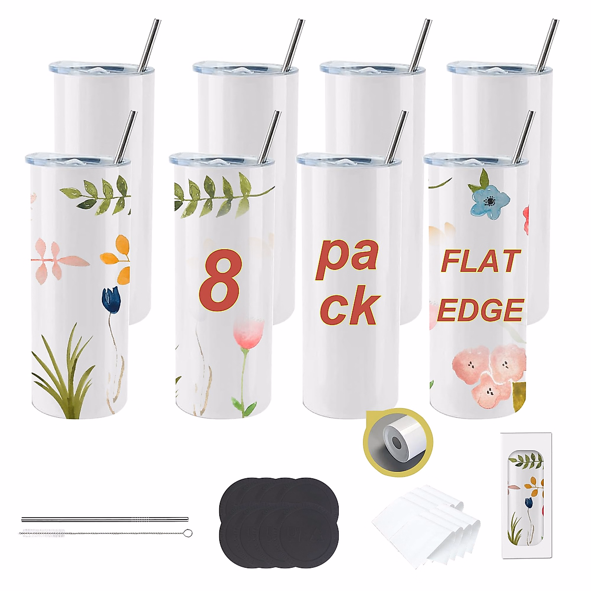 CWRIEB 8pack 20oz flat edge sublimation tumblers ，White skinny insulated Sublimation tumbler Straight Cups with Individual Gift Box, Silicone Bottom Polymer Coating for Heat Transfer （8pack 20oz）