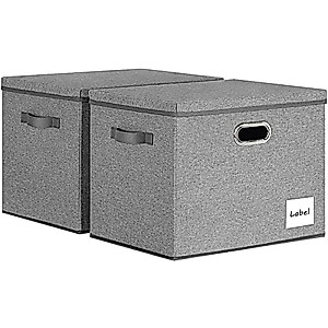 LHZK Extra Large Storage Bins with Lids 16x12x12 Foldable Linen Fabric Storage Boxes with Lids, Decorative Fabric Storage Bins with Label & 3 Handles for Shelves Bedroom Home Office (Grey, 2-Pack)
