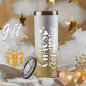 Onebttl Boss Lady Gifts for Women, Chaos Coordinator Tumbler for Boss, Secretary, Manager, Coworkers, Stainless Steel Skinny Tumbler 20oz with Lid and Straw, Glitter Silver & Gold