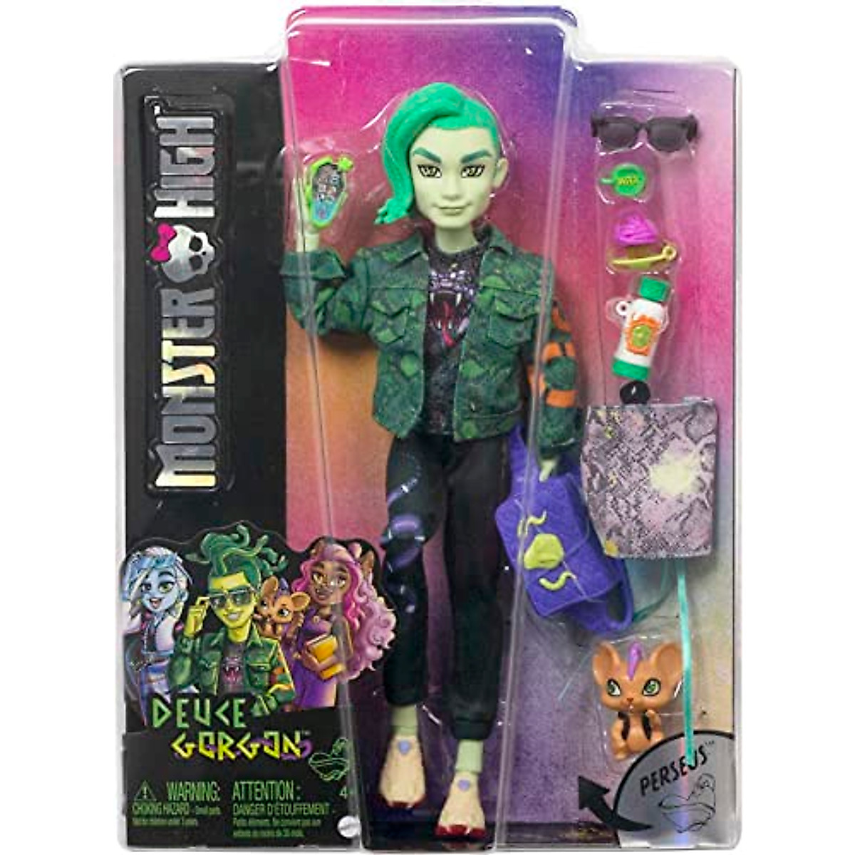 Monster High Deuce Gorgon Doll in Signature Look with Denim Snake Jacket & Accessories, Pet Mouse Perseus