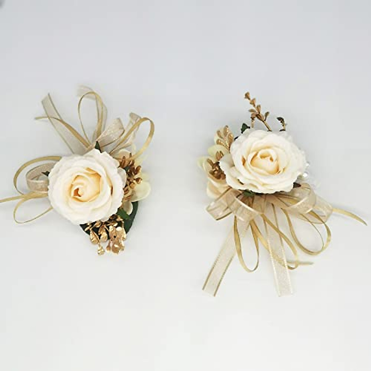 Cileruide Beige Rose Wrist Flower Corsage & Boutonniere Set for Wedding Bride Bridesmaid Groom Groomsmen Parents Suit Lapel Pin Button Hole Flower for Prom Homecoming, Tea Party, Formal Dinner