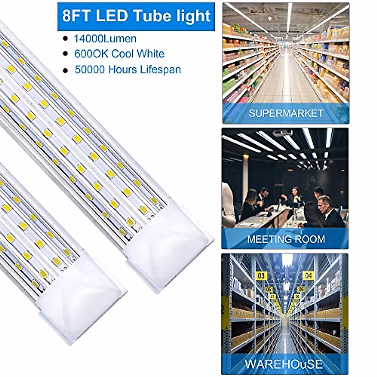 (6-Pack) 8ft LED Shop Light Fixture, 120W 19500LM 6000K, Cold White, U Shape, Clear Cover, Hight Output, Linkable Shop Lights, T8 LED Tube Lights, 8 LED Shop Lights for Garage 8 Foot with Plug