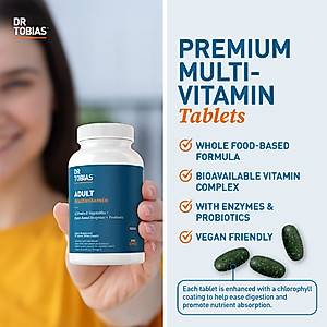Dr. Tobias Adult Multivitamin for Women & Men, Energy & Immune Support from 42 Fruits & Vegetables Plus Probiotics, Comprehensive Daily Multivitamins for Men & Women, Non-GMO, 90 Tablets, 30 Servings