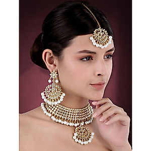 Aheli Kundan Pearls Designer Necklace Earrings Maang Tikka Set Indian Traditional Ethnic Engagement Wedding Party Wear Jewelry for Women