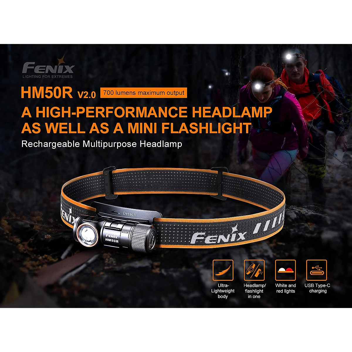 Fenix Power Bundle HM50R v2.0 Headlamp Bundle with 2X ARB-L16, 700 Lumen USB-C Rechargeable, Lightweight with Red Light and Lumentac Organizer