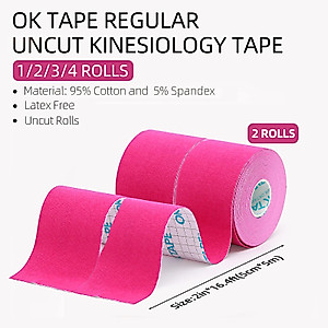 OK TAPE Regular Original Cotton Kinesiology Tape (2 Pack), Elastic Water Resistant Therapeutic Athletic Tape, Latex Free, Pain Relief, Injury Recovery, Uncut K Tape 2in×16.4ft - Pink