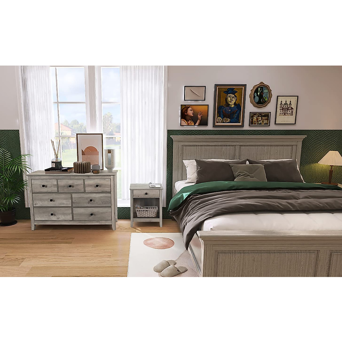 Vikiullf Dresser and Nightstand Set - 3 Pieces Bedroom Set with 7 Drawer Dresser and 1 Drawer Nightstands, Wood Double Dresser, Grey Wood Grain