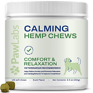 PAWLABS Calming Hemp Chews for Dogs - Relieve Anxiety & Stress - Organic Hemp, Chamomile, Protein Powder, Valerian Root - Natural Calming Aid - Vet Formulated, USA Made - Duck Flavor - 120 Count