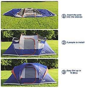 CAMPROS CP Tent 9 Person Camping Tents, Waterproof Windproof Family Tent with Top Rainfly, 4 Large Mesh Windows, Room Divider, Easy Set Up, Portable with Carry Bag - Blue