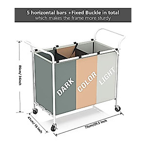 Laundry Sorter, Nerveol 44 Gallons Laundry Basket Laundry Hamper 3 Section with Heavy Duty Rolling Lockable Wheels and Removable Bags, 3 Bag Laundry Organizer Cart for Clothes Storage