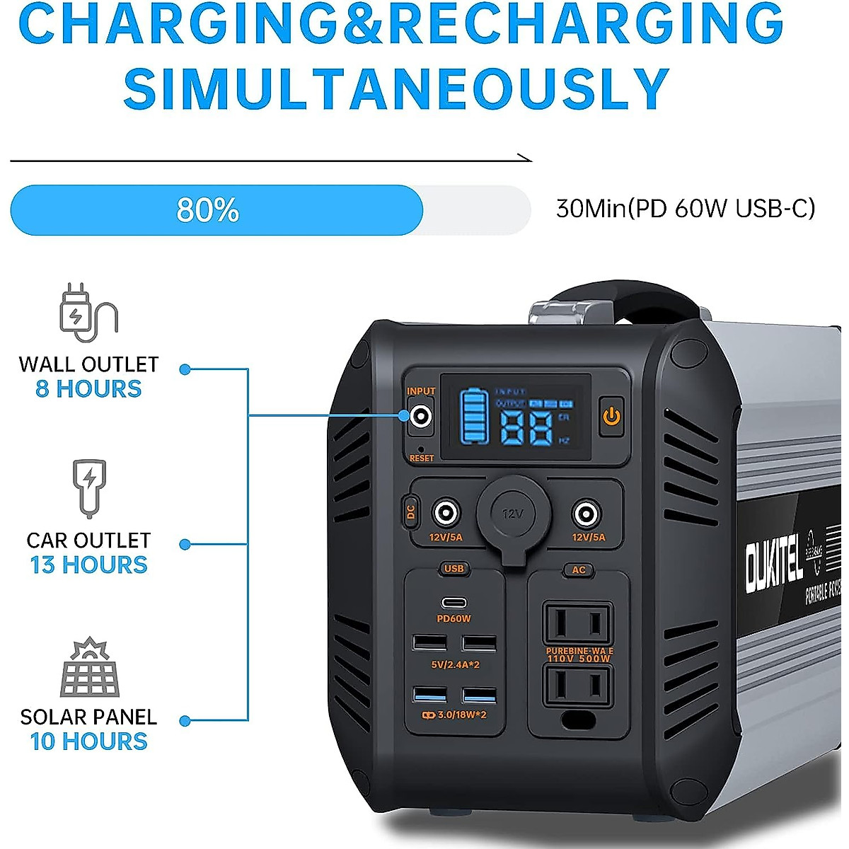 OUKITEL Portable Power Station CN505, 500W(Peak 1000W) 614Wh, LiFePO4 Power Station with 110V AC Outlets, Solar Generator for Camping Home RV Travel