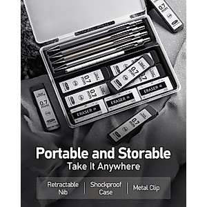 Four Candies 0.7mm Mechanical Pencil Set with Case - 4PCS Metal Mechanical Pencils, 6 Tubes HB #2 Lead Refills, 3PCS 4B Erasers and 9PCS Eraser Refills, Lead Mechanical Pencils for Writing & Drawing