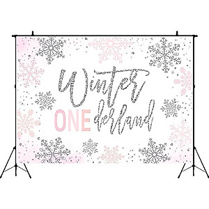 Aperturee 7x5ft Winter Onederland Backdrop 1st Christmas Birthday Snowflake Background Photography Newborn Baby Girl's First Bday Pink Silver Party Decoration Photo Booth Candy Table Decor Banner