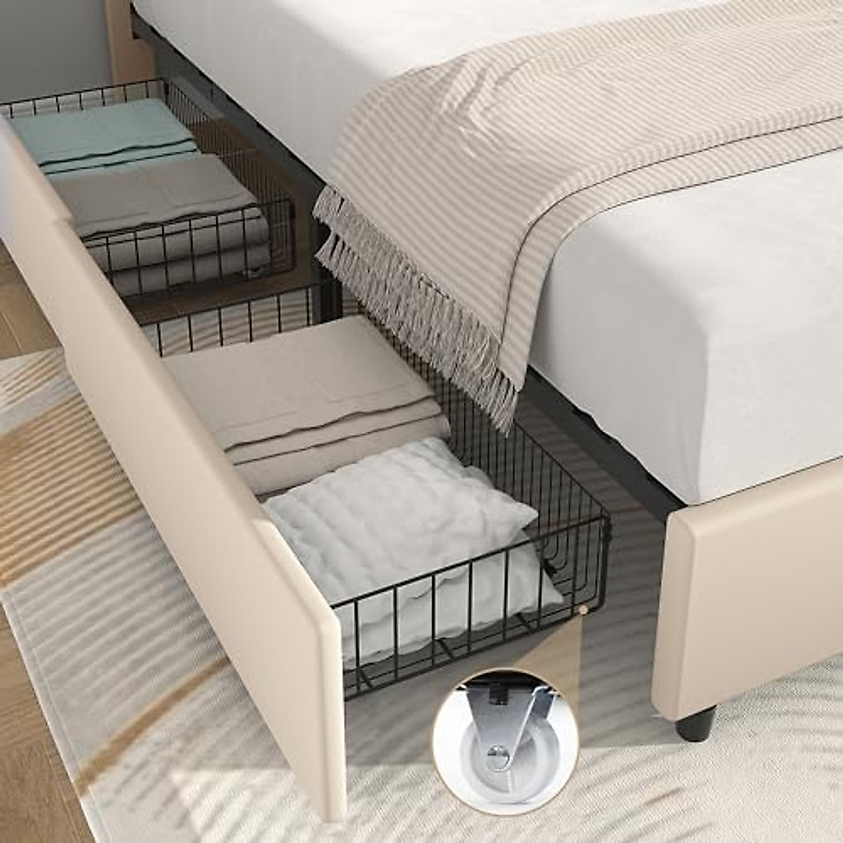 VECELO Queen Size Bed Frame with Ajustable Headboard and 4 Storage Drawers, Velvet Heavy Duty Platform Beds with Strong Wood Slats Support, No Box Spring Needed, Beige