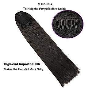 24 Inch (Can Be 26 Inch) Straight Hair Ponytail 2 Clips in Ponytail Hair Extensions Straight Hair Drawstring Ponytail For Ladies 125g/Piece Synthetic Hairpiece Ponytail Smooth &Soft Natural Black(1B)