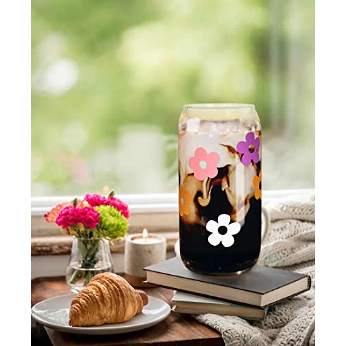 Glass Cups with Lids and Straws, Can Shaped Glass Cups, 20OZ Glass Cups, Drinking Glasses, Iced Coffee Glasses Cup, Smoothie Cups, Tumbler Glass, Reusable Boba Cup Drinking Glasses -Set of 2