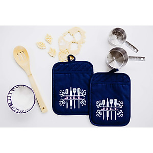 Personalized Pot Holder Blue Pocket Mitt Gift for Newlywed Kitchen Present for Women Set of 2 (Blue)