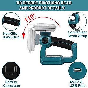 18W 2000LM Cordless LED Work Light Powered by Makita 14.4V 18V Lithium Ion Batteries BL1850 BL1840 BL1830 BL1820 YEX-BUR Outdoor Jobsite Lighting Spotlight FloodLight with 5V 2.1A USB Port