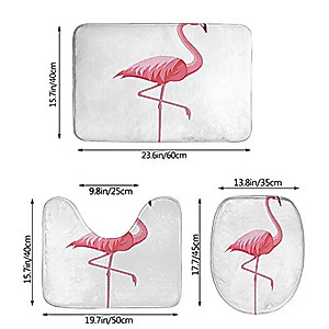 HGOD DESIGNS Flamingo Bath Mat,Summer Pink Flamingo Bathroom Mat 3 Piece Set Non-Slip Bathmat Antiskid Pad Doormat and Toilet Lid Cover Set