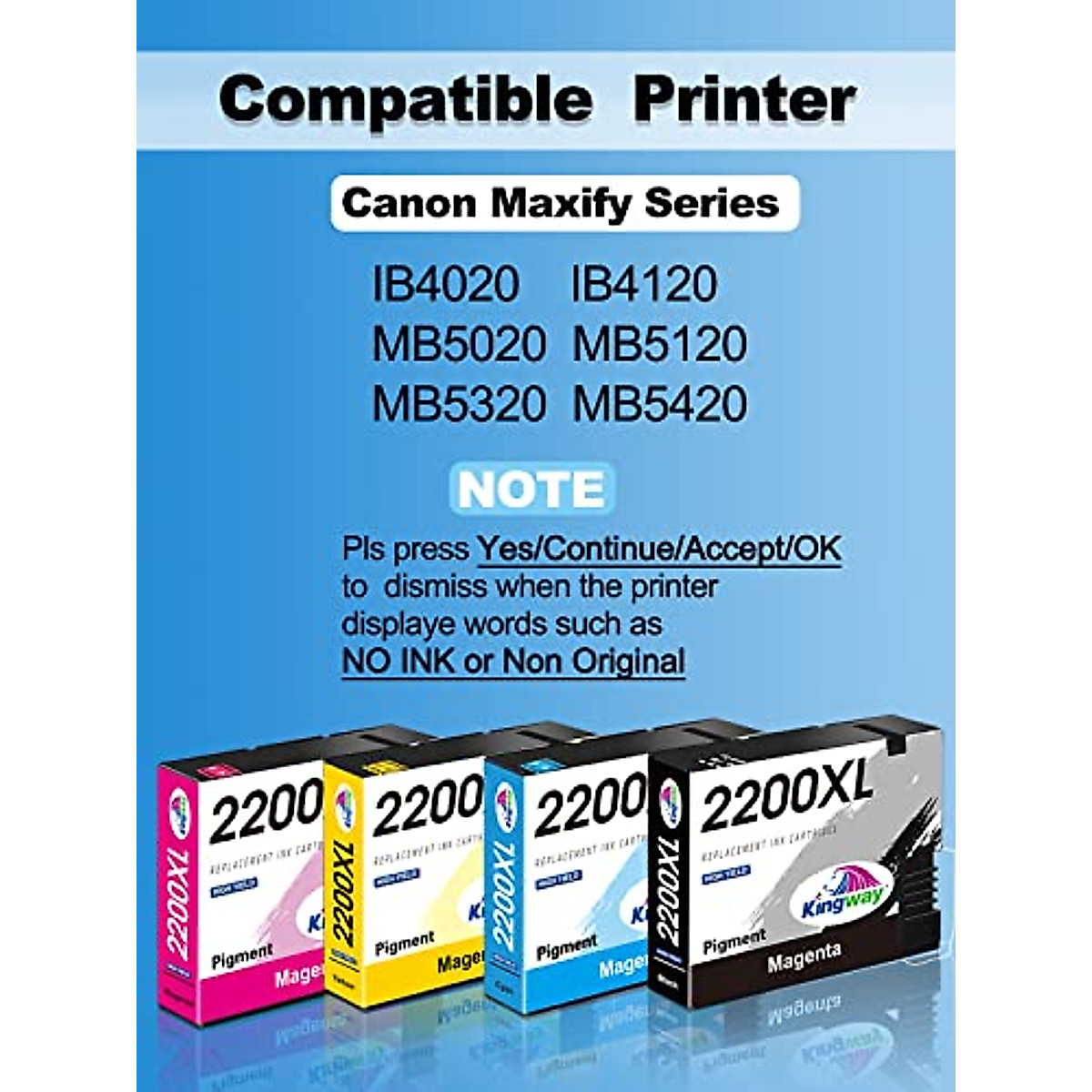 2200XL Ink Cartridges of Kingway Compatible for Canon PGI 2200XL PGI-2200 PGI-2200 XLwork with Maxify MB5320 MB5420 MB5120 MB5020 iB4120 iB4020 Printer (Black, Cyan, Magenta, Yellow) 4 Pack
