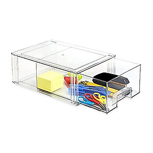 Isaac Jacobs Large Stackable Organizer Drawer (13.5” x 9.9” x 5.4”), Clear Plastic Storage Box, Pull-Out Bin, Home, Office, Closet & Shoe Organization, BPA-Free, Food/Fridge/Freezer Safe (Large)