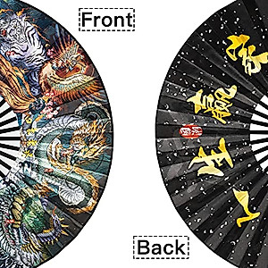 ESSSHOP 13" Large Folding Hand Rave Fan for Women/Men, Chinese Kung Fu Tai Chi Bamboo and Nylon-Cloth Foldable Held Fan with Fan Bracket for Party,Drag Queen,Decorations and Festival Gifts (Dragon)