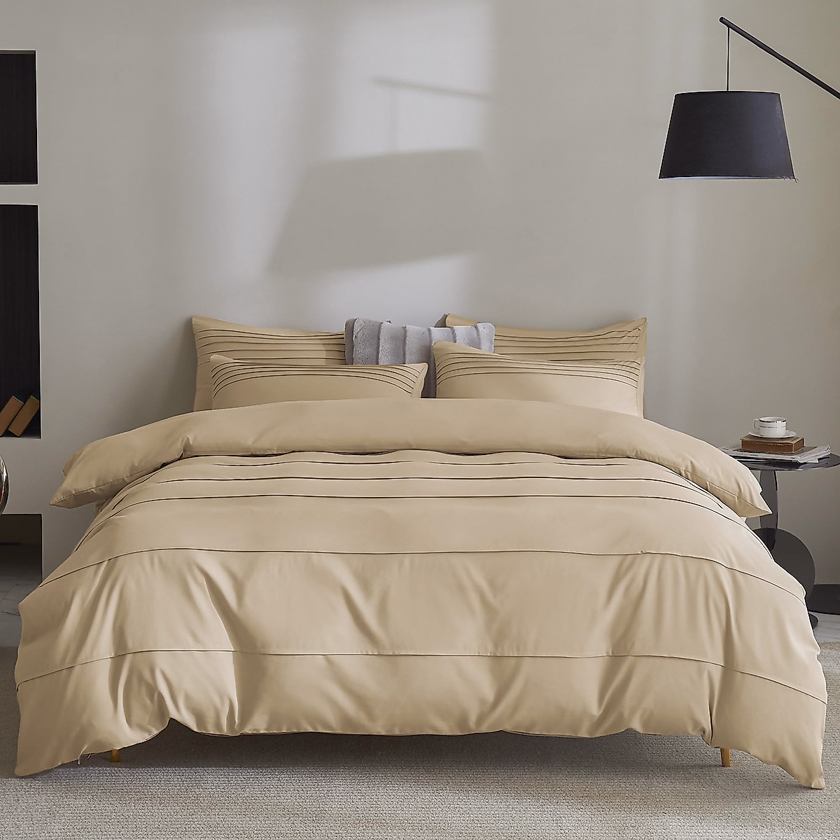 JELLYMONI Queen Size Khaki Duvet Cover Set - 3PCS Microfiber Bedding Set, Stylish Pleated Design, 8 Corner Ties & Zipper Closure, Ultra Soft and Comfortable