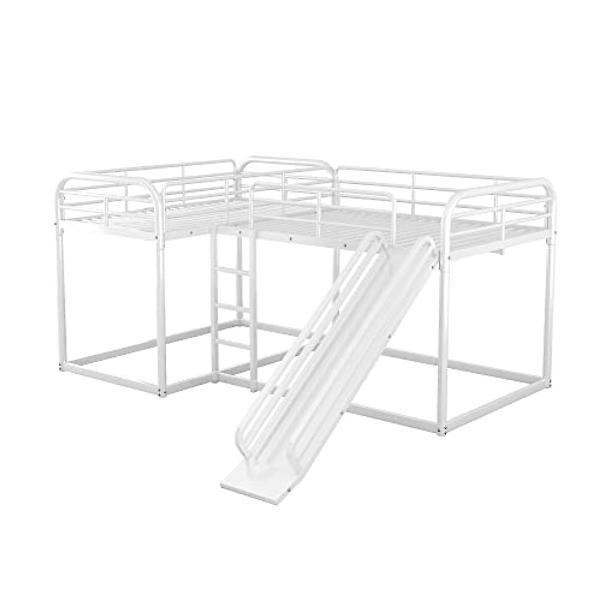 EOVTK L-Shaped Metal Bunk Bed for 4, Full and Twin Size Bunk Quad Bed Frame with Slide, Short Ladder and Safety Guardrail for Kids Teens Adults, White