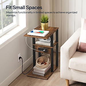 HOOBRO C Shaped End Table Set of 2 with Charging Station, Side Table with 2 USB Ports and Outlets, TV Tray Table, Couch Table for Small Spaces, Living Room, Bedroom, Rustic Brown and Black BF62USFP201