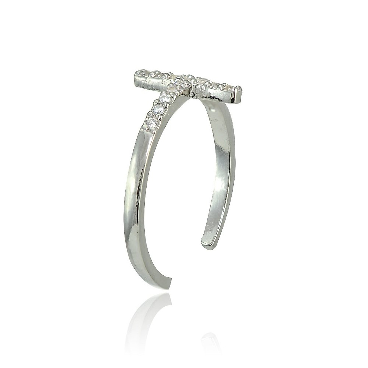 Hoops & Loops 925 Sterling Silver Cubic Zirconia Sideways Cross Open Toe Ring for Women Teen Girls Men, Silver