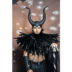 Gothic Real Black Feather Cape Shawl Shoulder Wings Choker Collar with 1 Pair Feather Cuffs, Unisex Fashion Feather Cape Shrug Shawl Stole Poncho, Halloween Cosplay Costume Party for Women Men