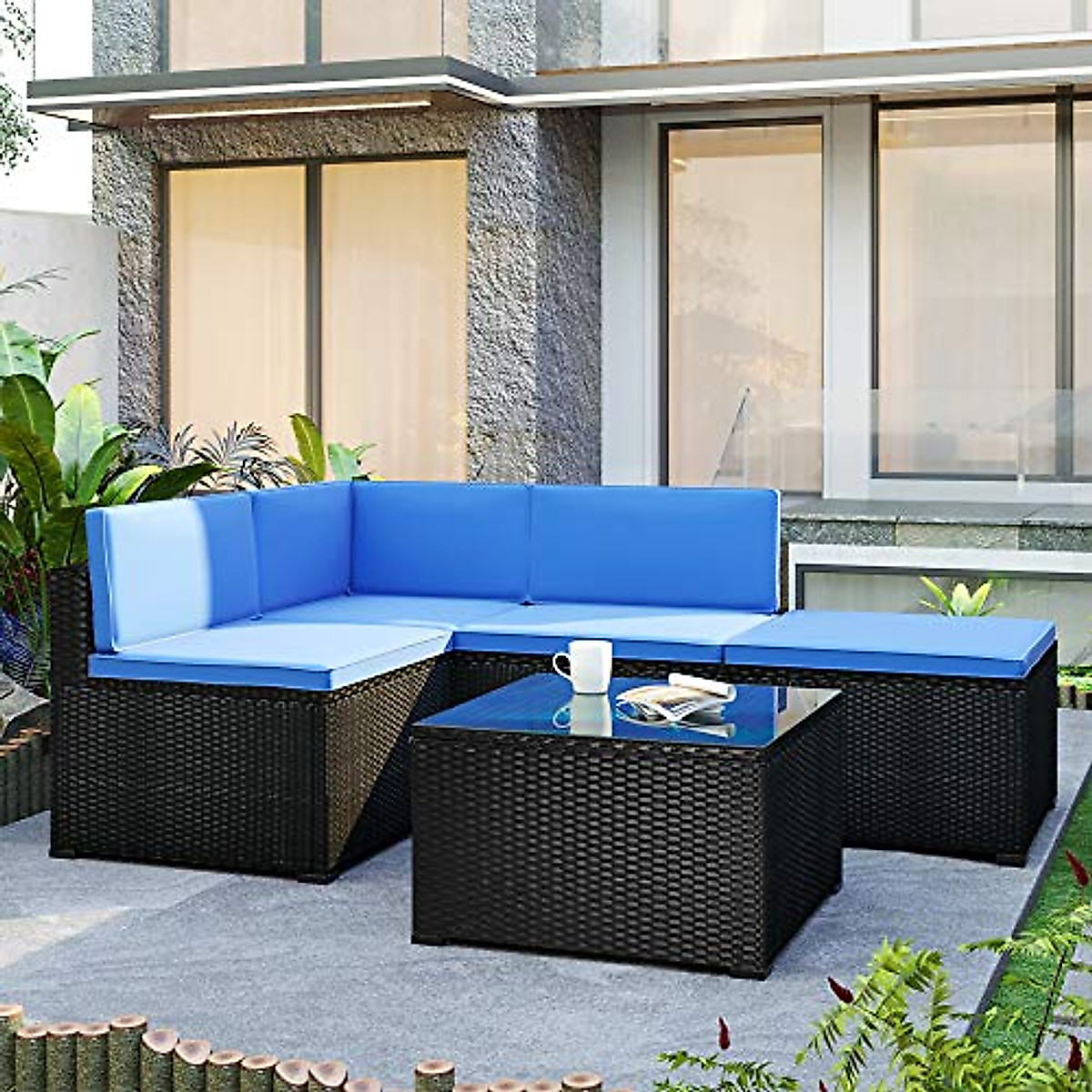 JIVOIT 5-Piece Outdoor Patio Furniture Set, Rattan PE Wicker Corner Sofa Set, Sectional Sofa Set with 1 Corner Sofa, 2 Sofa Chairs, 1 Ottoman and 1 Glass Coffee Table (Black Wicker+ Blue Cushion 003)