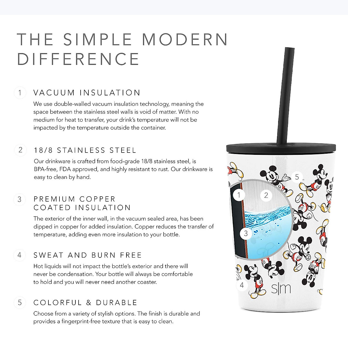 Simple Modern Disney Mickey Mouse Toddler Cup with Lid and Straw | Reusable Insulated Stainless Steel Kids Tumbler | Classic Collection | 12oz, Mickey Mouse Retro