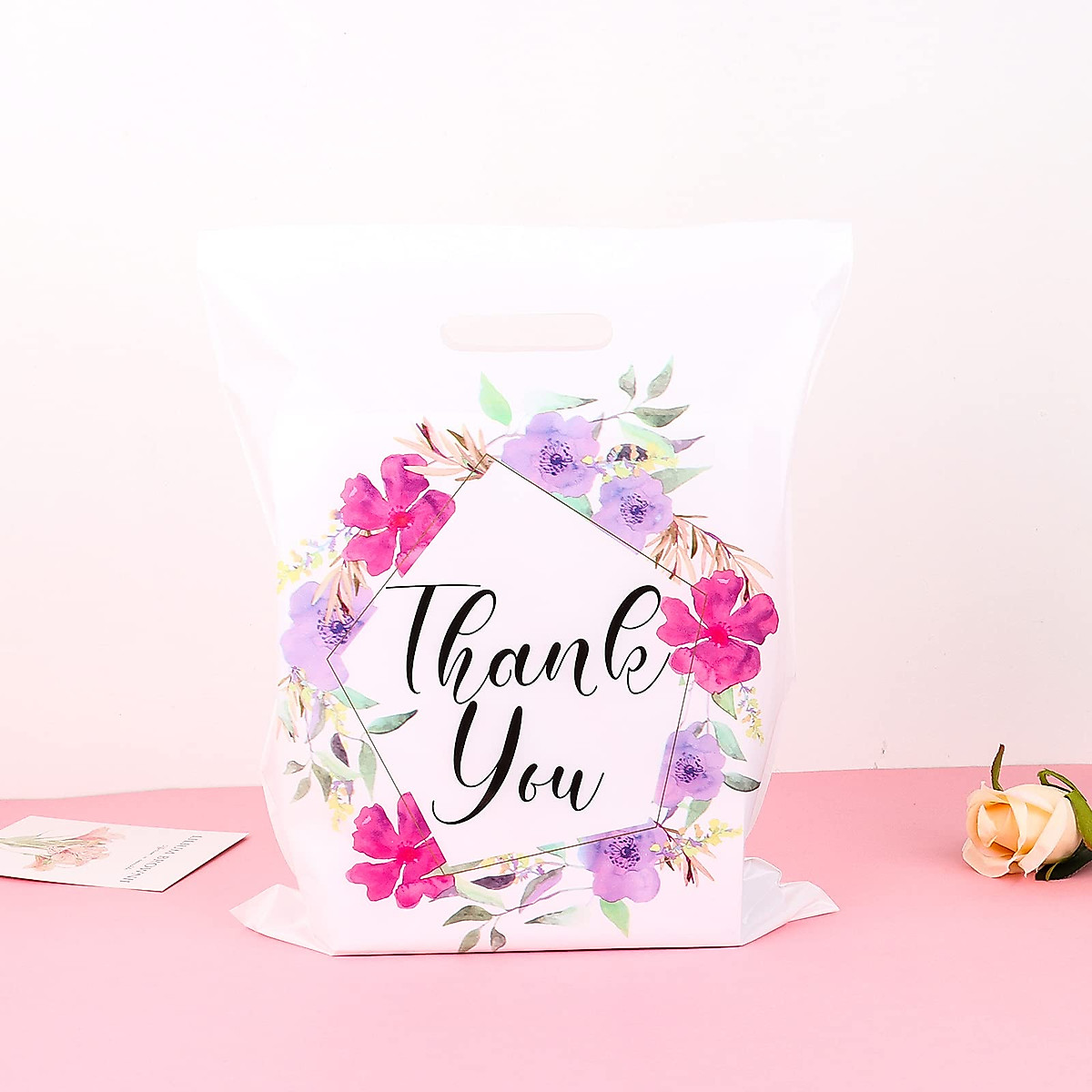 POPGIFTU Floral Thank You Plastic Bags 50 Pack 12" x 15" Thank You Bags for Small Business, Thank You Shopping Bags with Handles, for Boutique, Retail, Gift Bags, Clothes, Party Favors