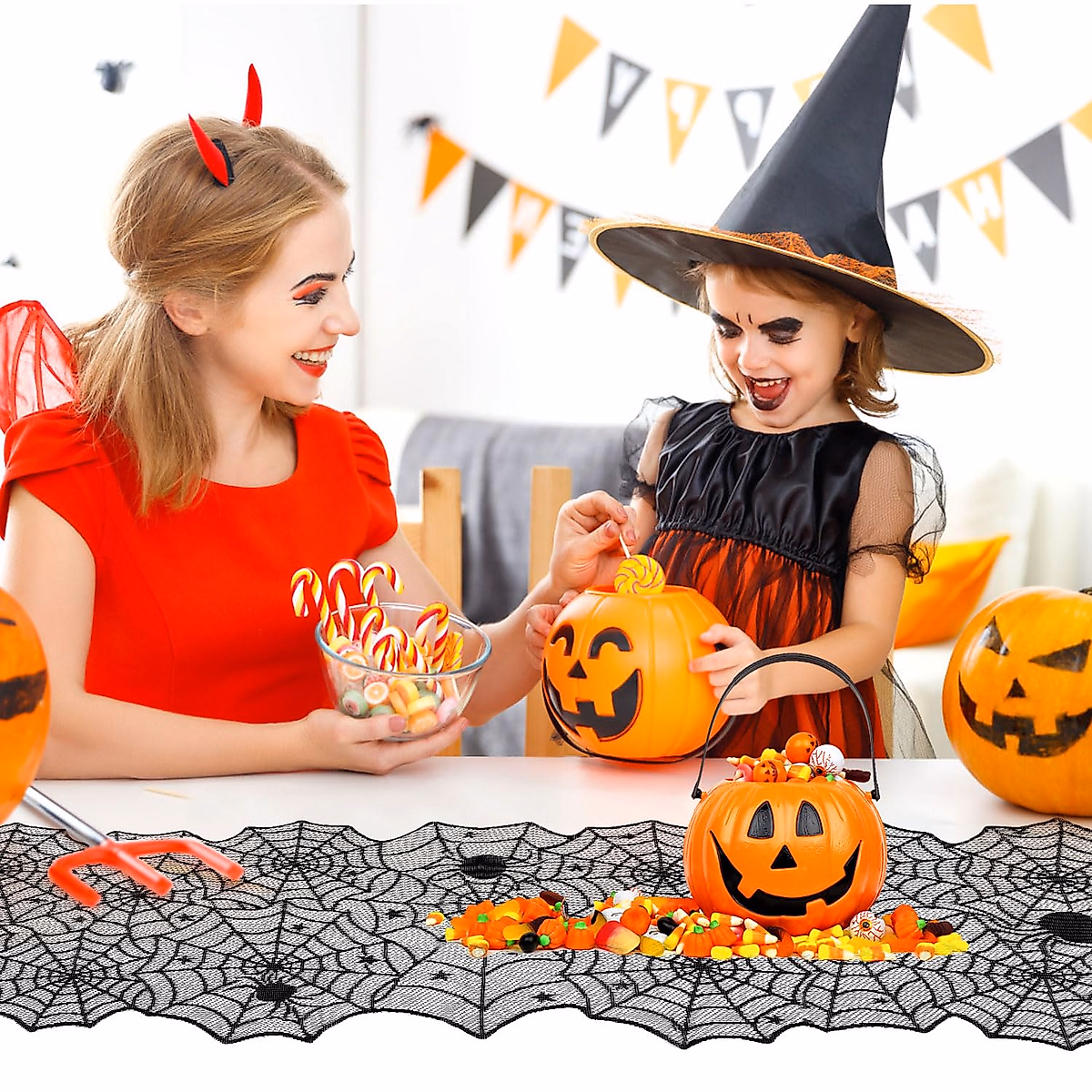 Halloween Table Runner, Black Lace Spider Web Table Runner for Halloween Table Decor, 18 X 73 Inch Gothic Spider Lace Cover Table Runner for Dining Table Centerpiece Decor