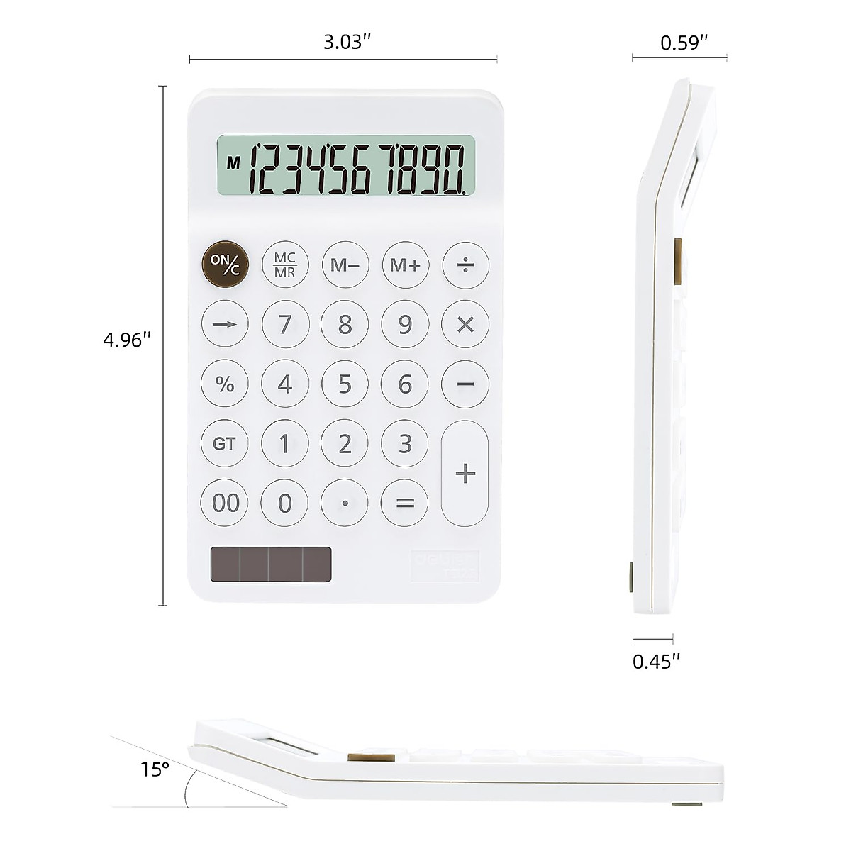 Calculator, Deli Standard Function Desk Calculators 10 Digit with Large LCD Display with 15° Elevation, Solar and Battery Dual Power, Standard Function for Office, Home, School, White