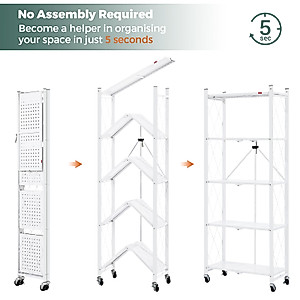 DEANIC 5-Shelf Folding Bookcase with Wheels, Heavy Duty Storage Shelves, Freestanding Metal Wire Shelving Unit for Living Room, Office, Kitchen, Basement, Pantry (White)