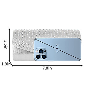Quniko Rhinestone Flap Evening Clutch Purses Formal Sequins Handbag Crossbody Shoulder Bag for Women (Silver B)