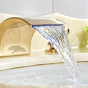 NeierThodore LED Widespread Bathroom Faucet Waterfall Gold Polished Lavatory Faucets Basin Mixer Tap 2 Crystal Knobs 3 Holes