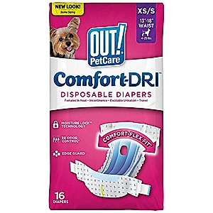 OUT! Pet Care Disposable Female Dog Diapers - Absorbent with Leak Proof Fit - XS/Small (Waist 13-18in) - 16 Count