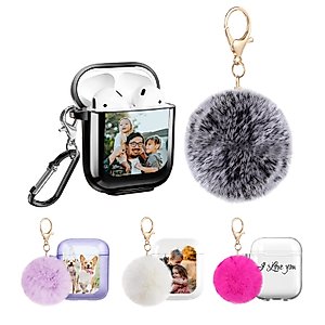 customgift Custom Apple Airpods 1 & 2 Case, Airpod Pro Cover Personalized with Name, Giftfor Women, Girls Pom Fur Ball Keychain/Strap/Accessories, Multiple Colour TPU DIY Picture, Multicolor