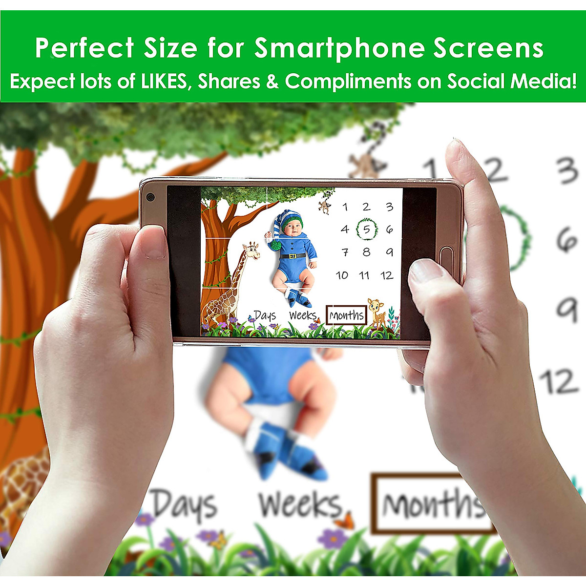 Qualitish Baby Monthly Milestone Blanket Boy Girl, Unisex baby milestone blanket | 40X50 inch Large Premium Extra Soft, Cozy Minky Fleece | Newborn Month Photo Blanket with Wreath Frame and Wrist Band