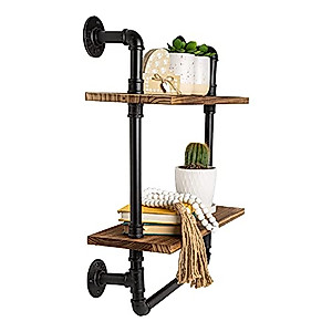 Industrial Bathroom Shelf w/Pipe Towel Bar – Farmhouse Towel Rack Made of Paulownia Wood and Cast Iron, Pipe Rack in Black Matte – Wall Mount Hand Towel Holder for Rustic Décor w/ 2-Tier Shelf