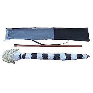 Bayside21 8ft Patio Umbrella with Fringe, 8' Outdoor Tassel Umbrella UPF50+, Push Button Tilt,1.25 inch dia. Steel Pole with Wood Grain Finish and 8 Ribs, Black Wide Stripe Design Umbrella Canopy