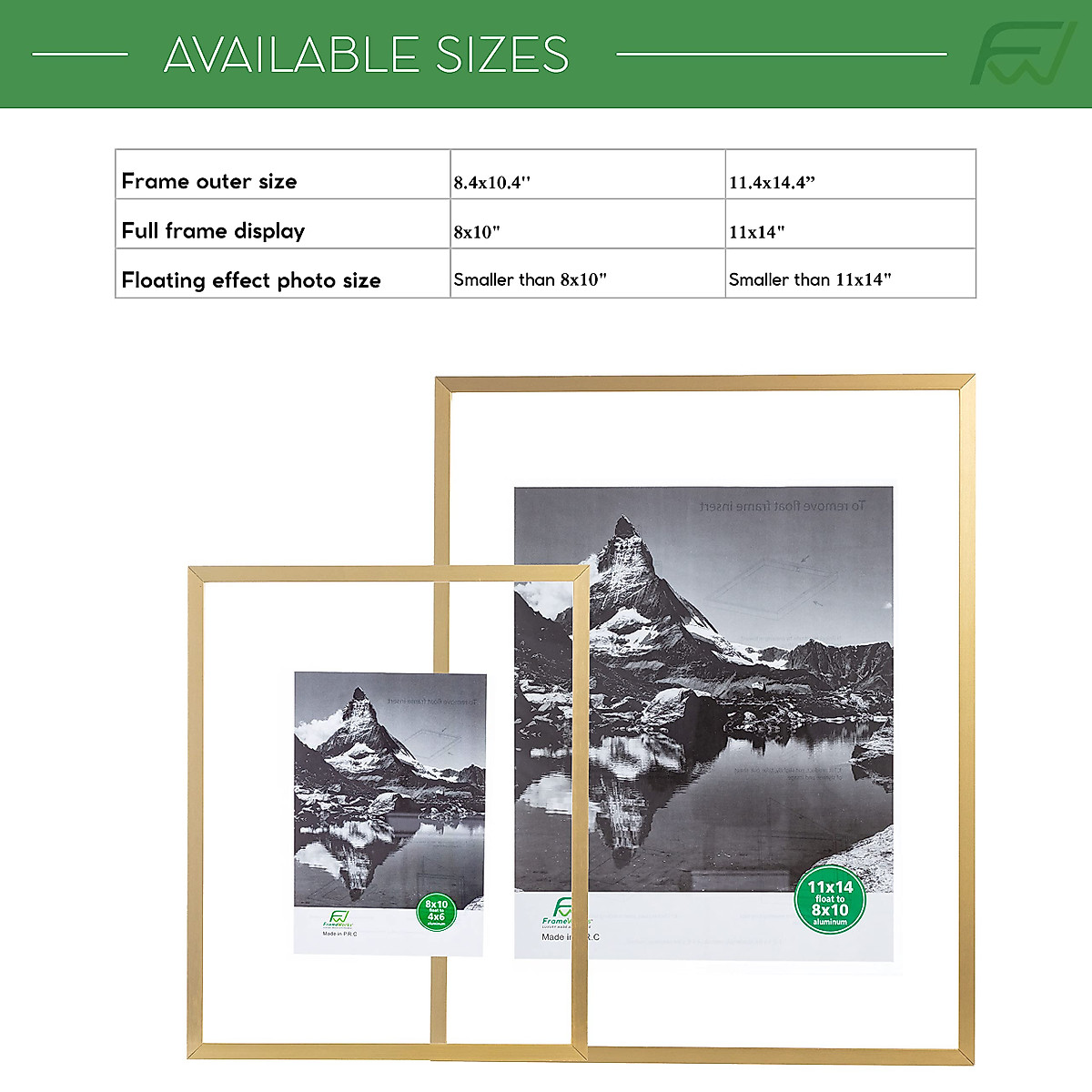 FrameWorks 11”x14” Deluxe Brass Gold Aluminum Contemporary Style Floating Picture Frame with Tempered Glass