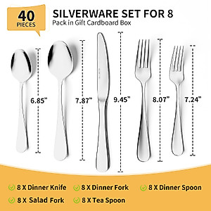 SELUKIYA Silverware Set for 8, 40 Pieces Heavy Duty Stainless Steel Flatware Set, Mirror Polished Cutlery Utensil Set, Dinner Fork Knife Spoon Eating Tableware Set for Home, Dishwasher Safe, Silver