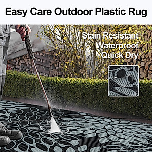 Wonnitar Plastic Outdoor Rugs 5x8,Reversible Outdoor Patio Rug Waterproof RV Camping Rug,Large Portable Outside Tropical Leaf Mat Deck Floor Carpet for Backyard Garden Balcony Picnic,Black/Grey